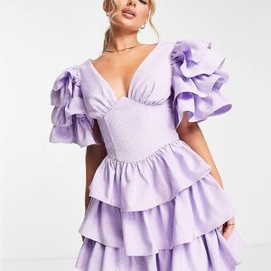 ASOS | Dresses | Lilac Ruffle Tiered Mini Dress Corset Puff Sleeve V ...